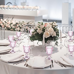 12 Packs Glass Goblet Set, Pink Wine Glasses Glassware Goblet, 7 oz Drinking Glasses Water Goblets Vintage Drinking Glassware Embossed Wine Glass Solid Color Glass Goblet for Wedding Party Restaurant