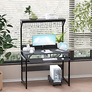 Computer Desk with Hutch and Storage Shelves, Home Office Study Writing Desk, Small Computer Desk for Small Space, Laptop Desk with Keyboard Tray for Bedroom