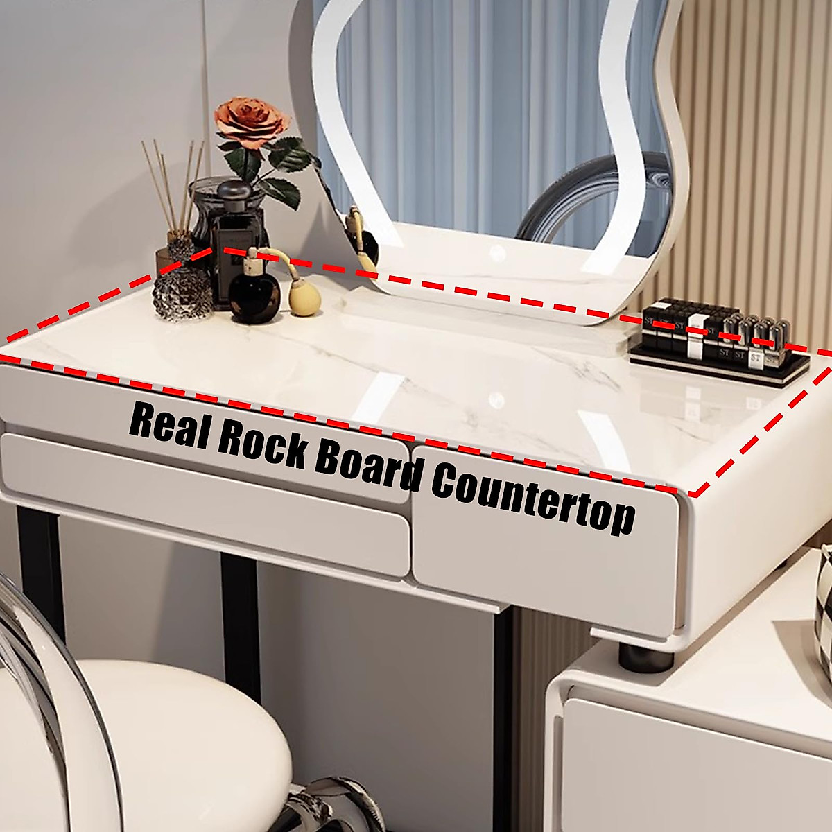 Topjia Vanity Desk Set with Adjustable LED Lighted Mirror, Modern 6 Drawers Makeup Vanity&Acrylic Chair,Makeup Vanity Table Set with Storage Cabinet for Women Girl Bedroom