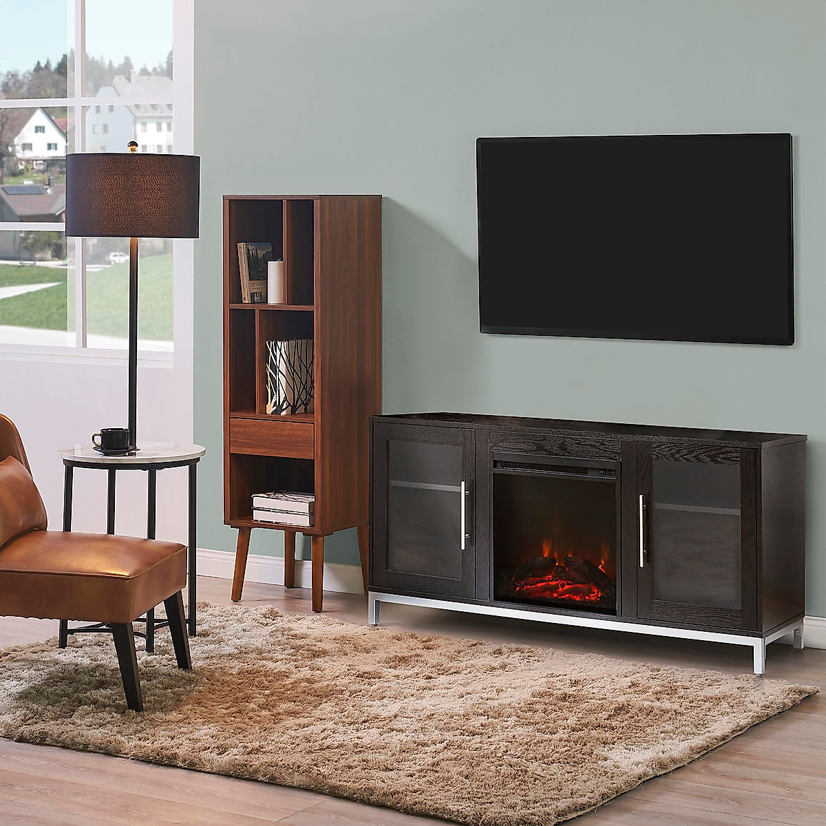 Teamson Home Lainey 54" Wooden Entertainment Center with Fireplace, Two Glass Door Cabinets, Black