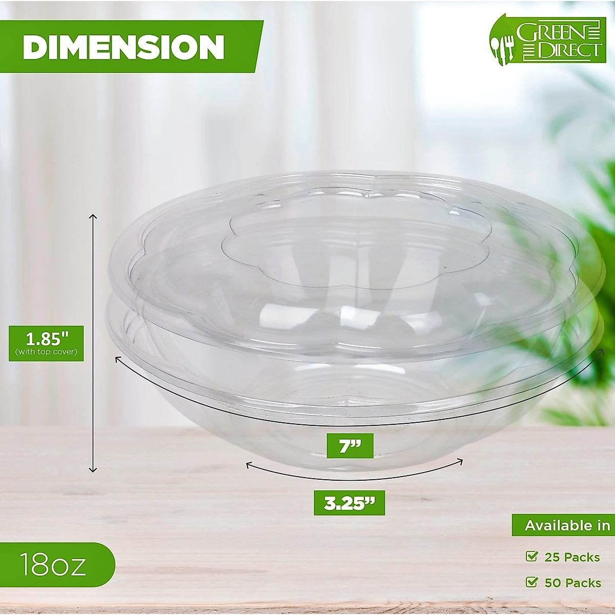 Green Direct 18 oz. Salad Containers with Lids - Pack of 50 | Clear Plastic Salad Bowls for Lunch, Serving, and Mixing