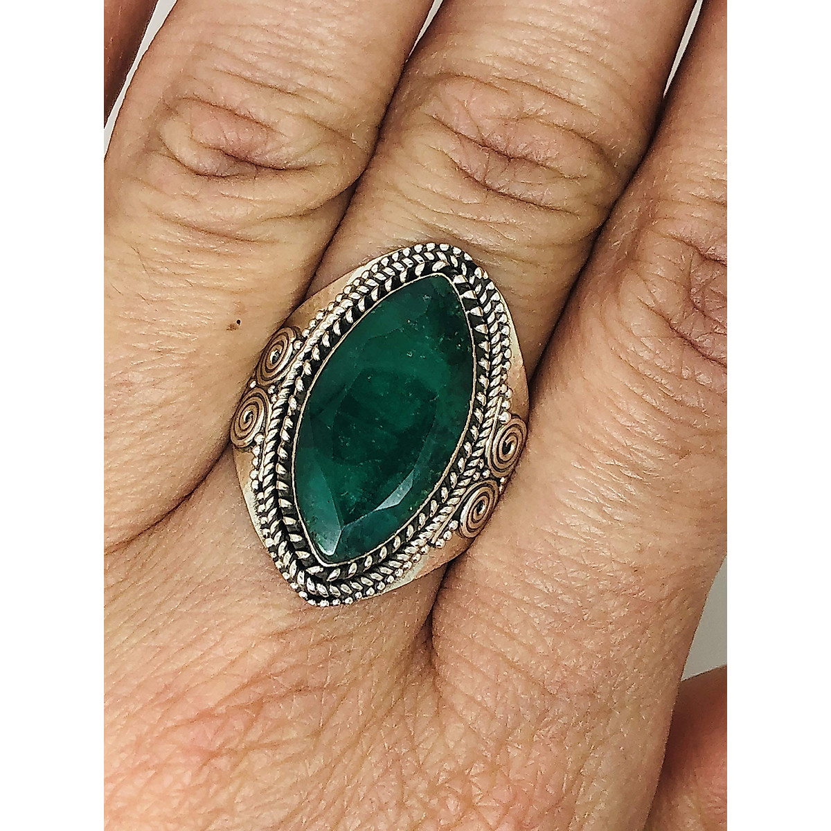 Koral Jewelry Marquise Created Emerald Vintage Gipsy Ring 925 Sterling Silver spiral side tribal Boho Chic (9)