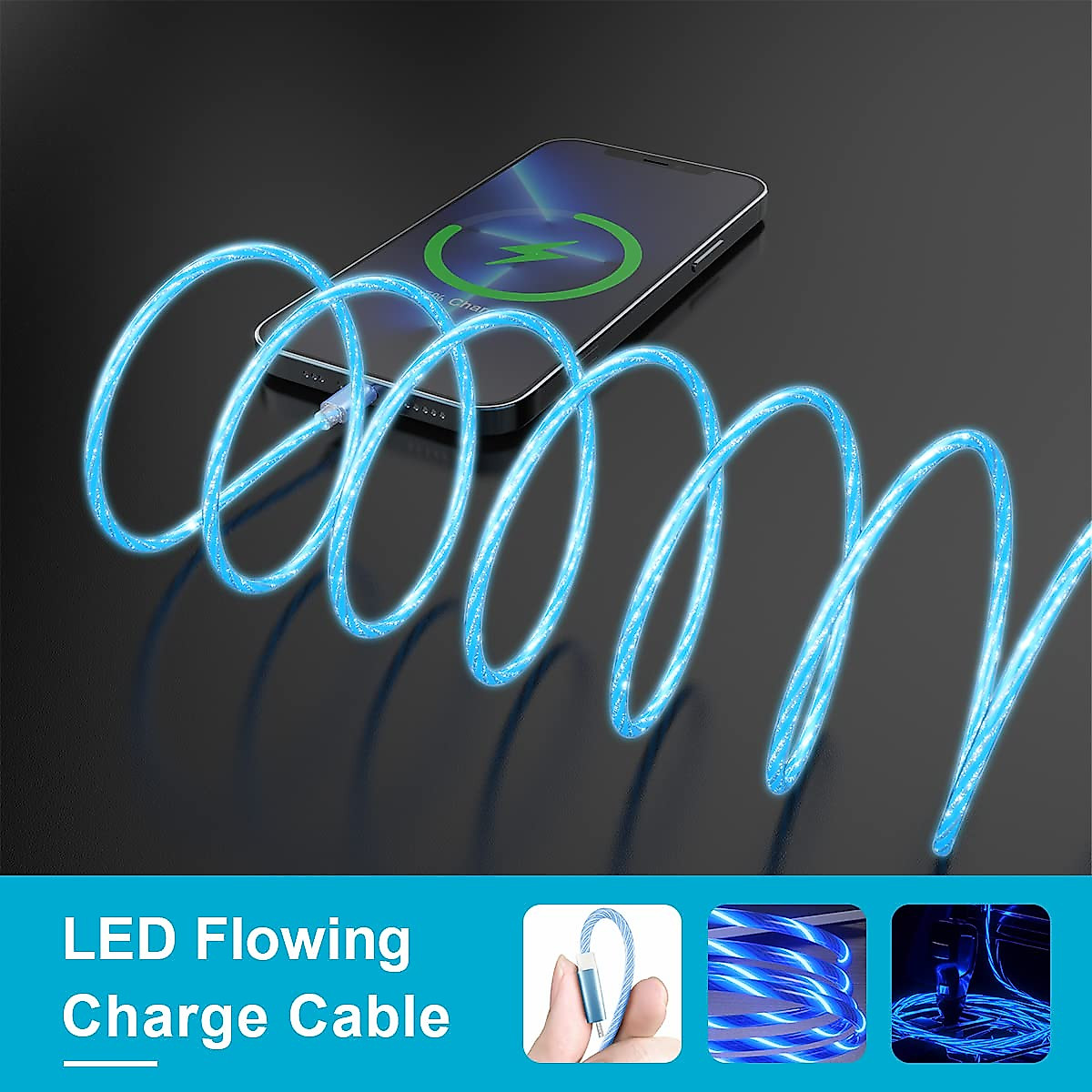 2M/6FT Flowing LED Light Up Lightning Charge Cable,Glowing Apple Charger Adapter Sync Data Connector Cord for Car with iPhone 13/12 Pro Max /11 Pro/XR/XS Max/X/8 7 SE 2020,iPad/iPod (Blue)