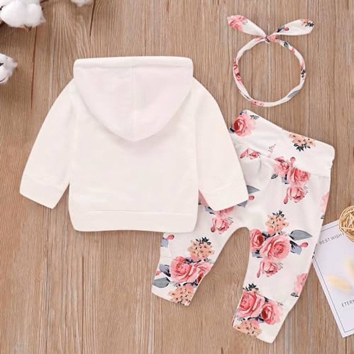 CETEPY Baby Girl Clothes Outfits Newborn Infant Long Sleeve Hoodie + Pants + Headbands White Flower 6-12 Months/80cm