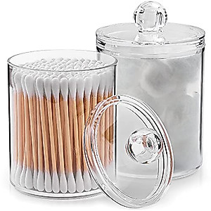 Zulay Home 2 Pack Qtip Holder Bathroom Canisters - 20oz Cotton Ball Holder - Clear Cotton Swab Holder & Qtip Dispenser - Plastic Storage Bathroom Jars with Lids Set for Cotton, Pads, Swabs, Makeup