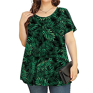 JUEYUN Plus Size Women's 2023 Casual Summer Short Sleeve Tops Loose Flowy Tunic Cute Pleated Flower Print Tee Shirts,Leaf Green,2X-Large