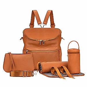 Minsong Diaper Bag Backpack,Fashion Leather Mommy Backpacks,Travel Toddler Baby Diaper Bags with in Bag Organizer and Changing Pad (Brown)