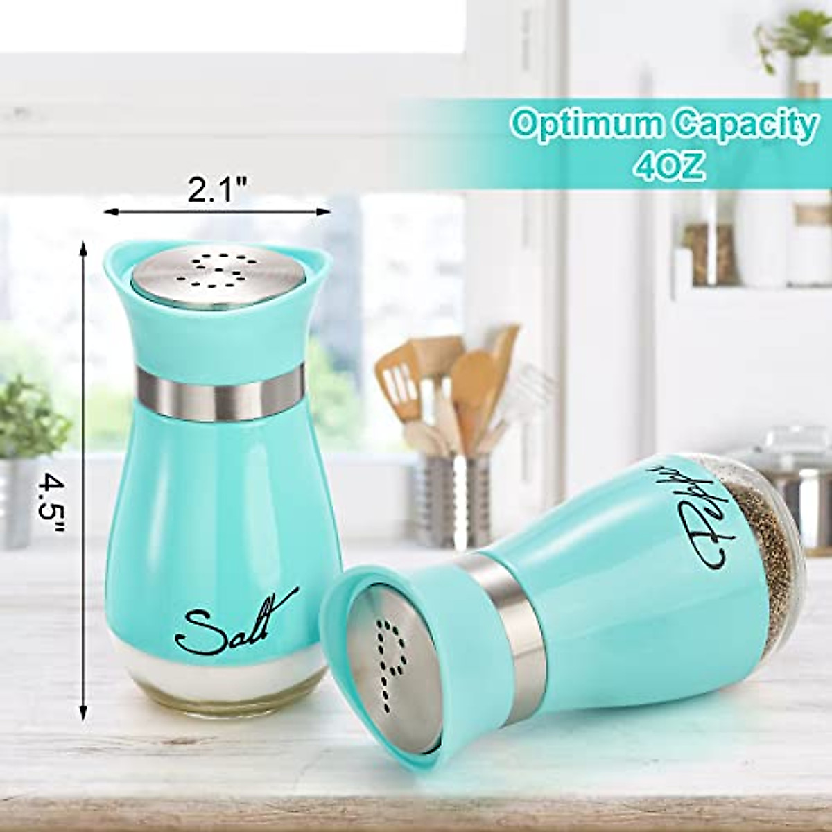 Tebery 4 Ounces Blue Salt and Pepper Shakers Set Stainless Steel & Glass Spice Dispenser Classic, Refillable Design
