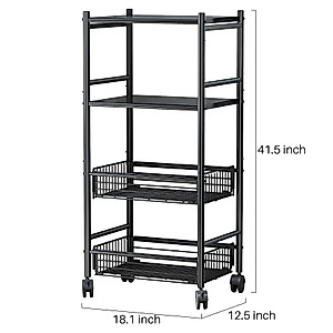 Kitchen Microwave Stand Shelf - 4 Tiers Metal Bakers Rack with Casters, Coffee Bar Station with Storage, Black