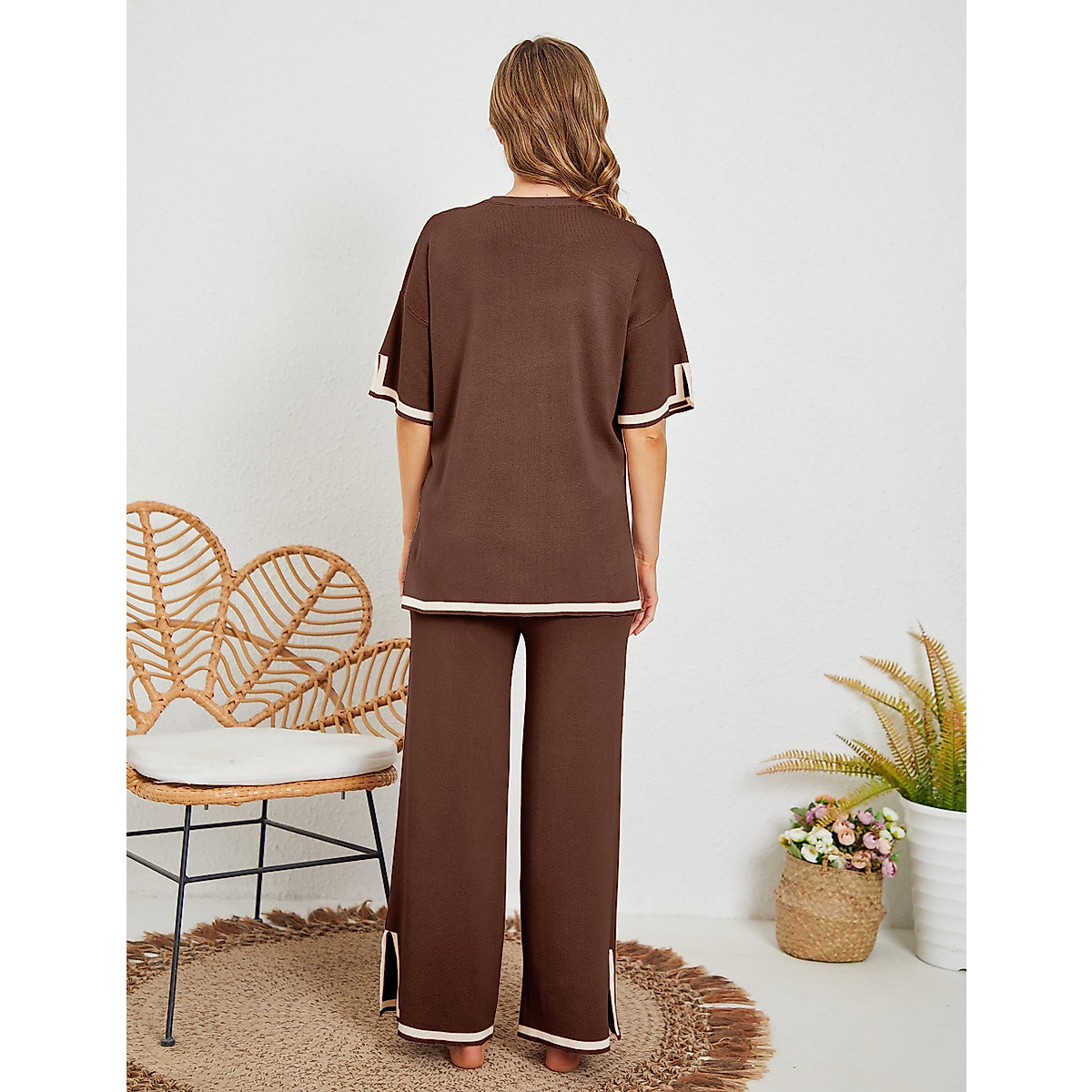 Tanming Sweater Sets Women 2 Piece Lounge Sets Short Sleeve Knit Pullover Tops Wide Leg Pants (Brown-M)