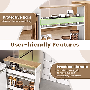 COSTWAY Slim 4-Tier Rolling Utility Cart, Wooden Shelving Unit with Handle & Wheels, Ideal for Small Spaces