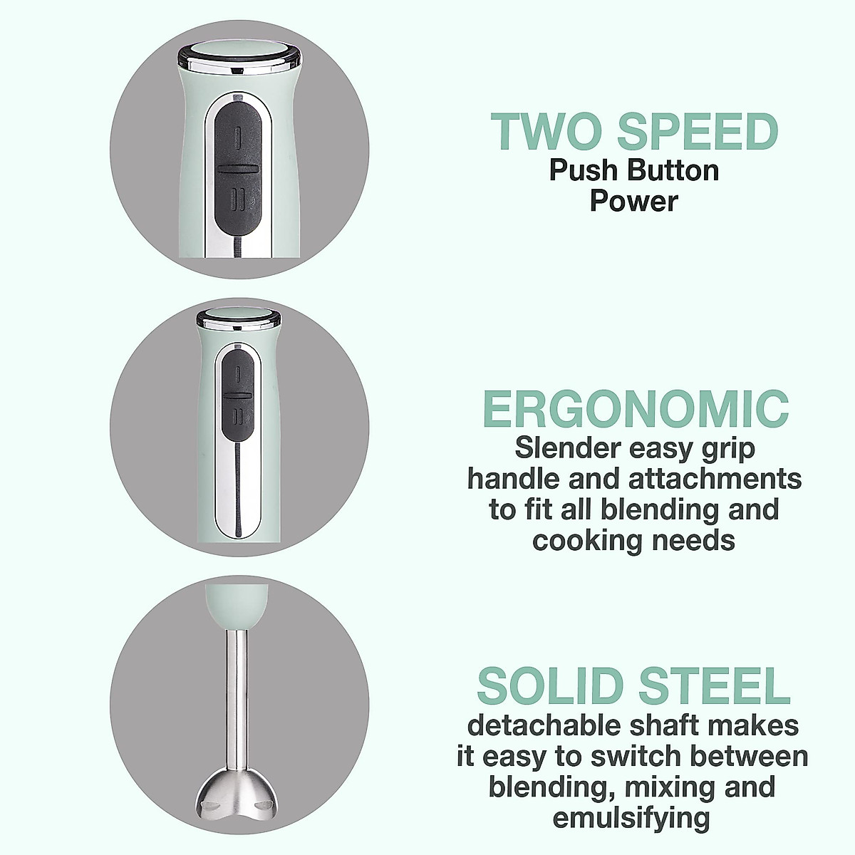 Rae Dunn Immersion Hand Blender- Handheld Immersion Blender with Egg Whisk and Milk Frother Attachments, 2 Speed Blender, 500 Watts, Stainless Steel Blade (Sage)