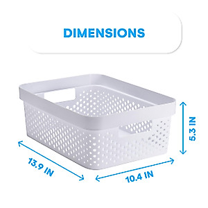 Bins & Things Plastic Rectangular Storage Basket, White, 11" x 11"