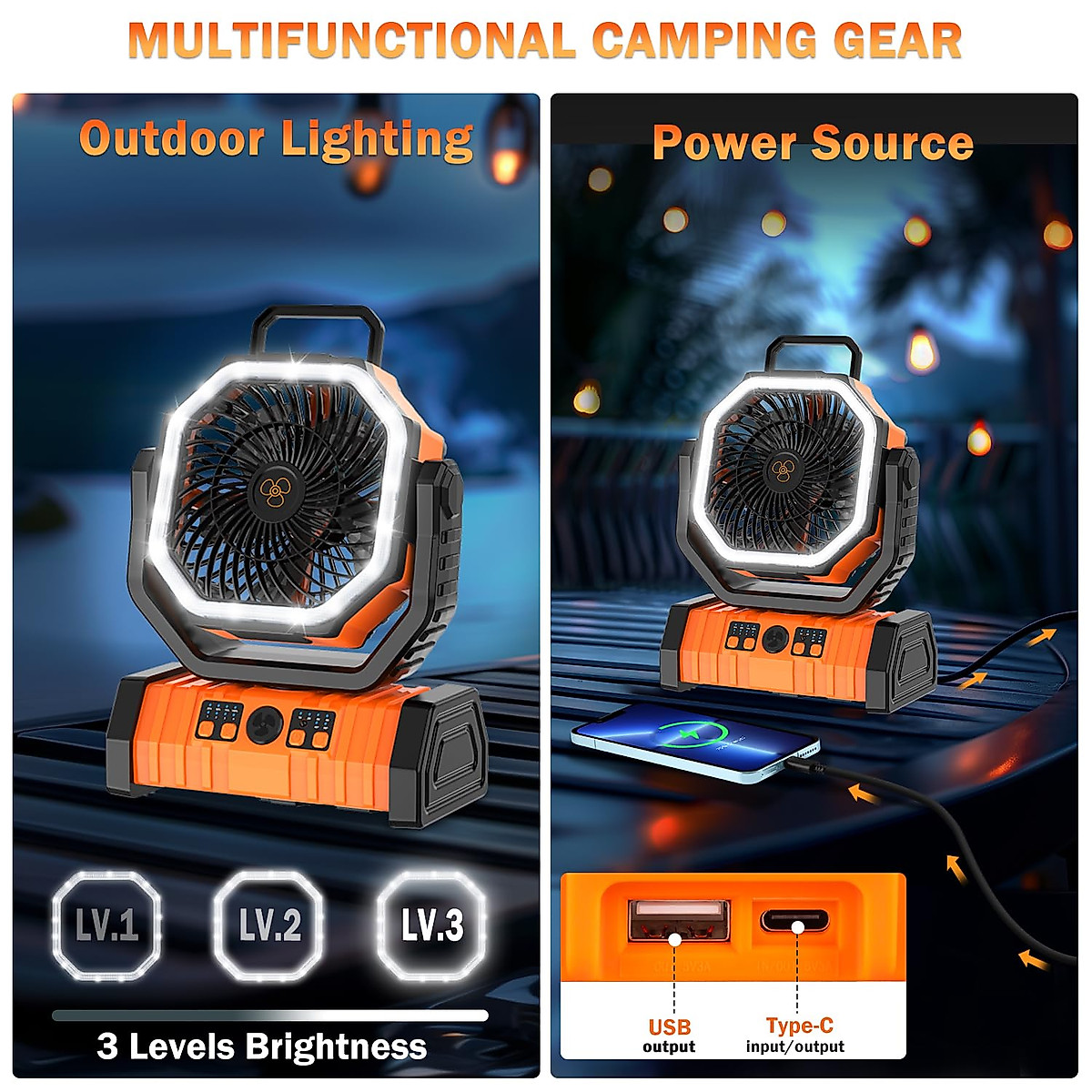 Camping Fan Rechargeable, 20000mAh Large Battery Powered Fan, 4 Speed Rechargeable Fan Portable with Remote, Battery Operated Fan with LED Light and Hanging Hook, Cordless Fan for Tent Picnic Outdoor