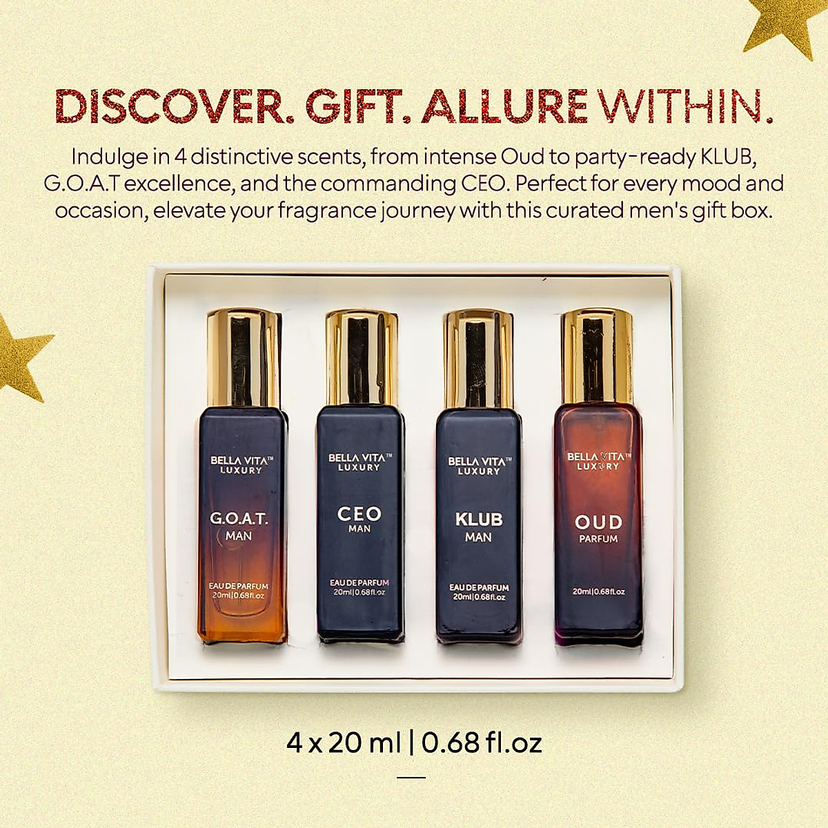 Men's Luxury Perfume Gift Set (4 x 0.68 fl. oz.) | Gifts for Men | Klub, Oud, CEO, Goat Perfume | Masculine, Woody, Citrusy, Aromatic perfumes for men