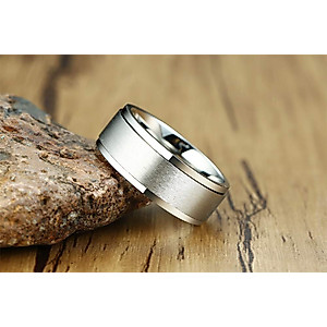 MZZJ Free Engraved Religious Jewelry Christian Cross Faith Bible Verse Scripture 8MM Brushed Finish Stainless Steel Spinner Step Beveled Edges Promise Engagement Ring Wedding Band for Unisex,Size 7