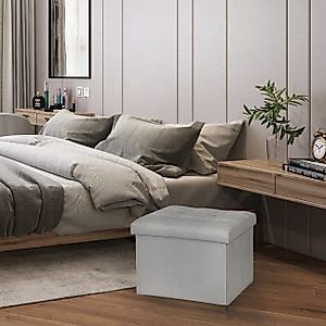 Folding Cube Storage Ottoman with Padded Seat , Foot Rest & Stepping Stool - PU Leather Grey Ottoman with Storage for Living Room & Bedroom