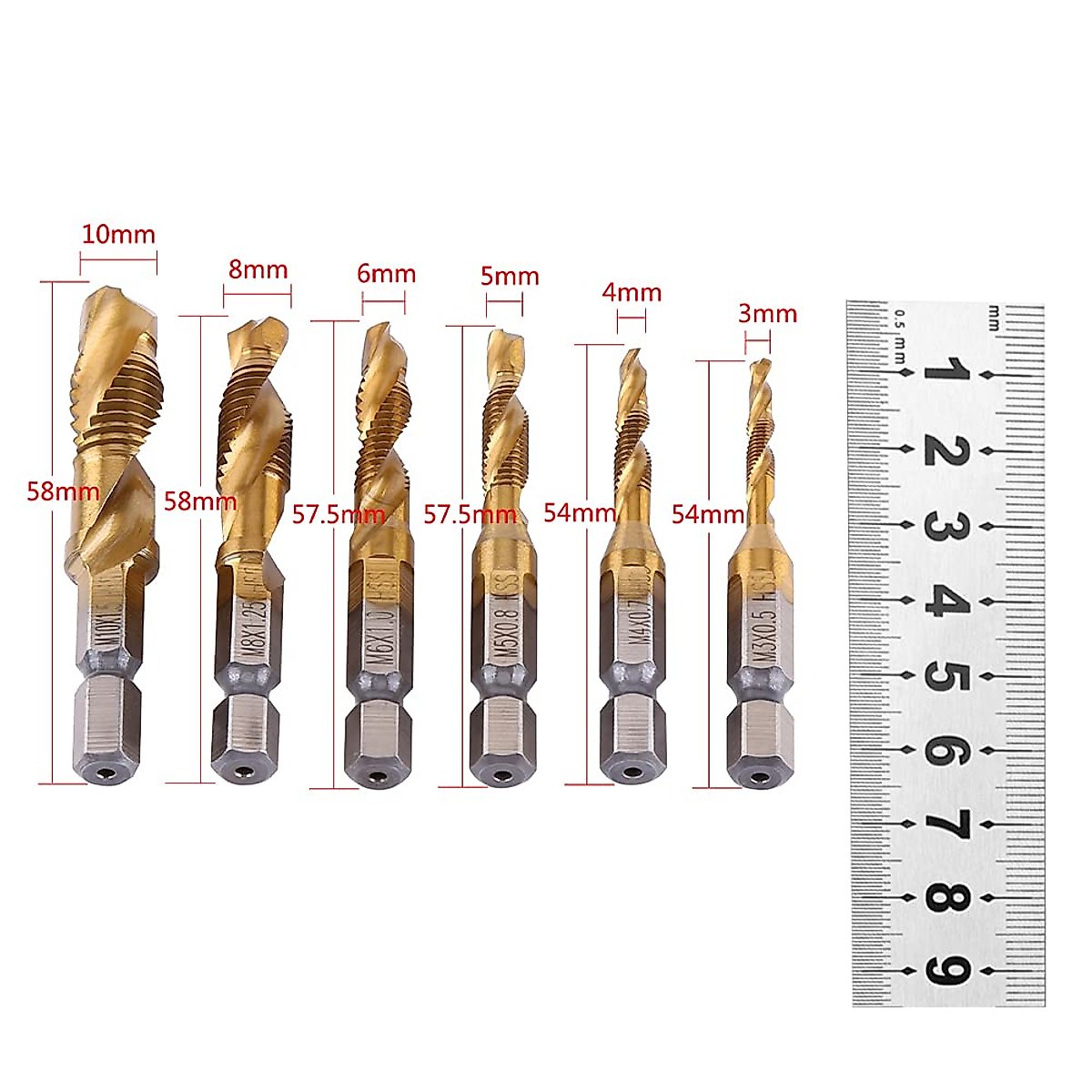 6 Pack Titanium Combination Drill Tap Bit Set, 1/4" HSS Hex Shank Screw Tapping Bit for Drilling, Tapping and Countersinking, M3-M10