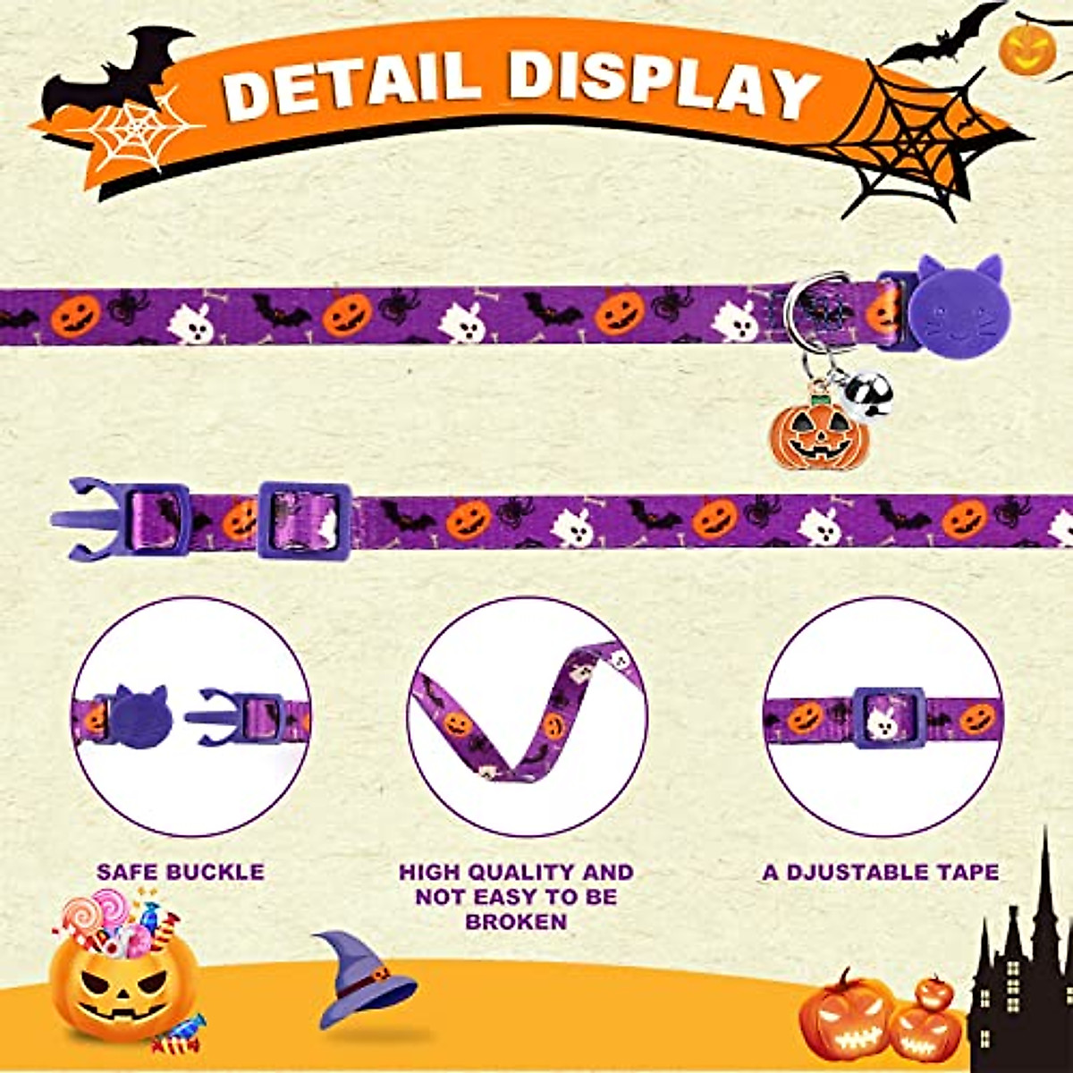 3 Pack Halloween Cat Collars with Pumpkin, Ghost, Bat Ornament, Breakaway Adjustable Pumpkin Cat Kitten Collars for Halloween Cats Kittens Costume Decorations