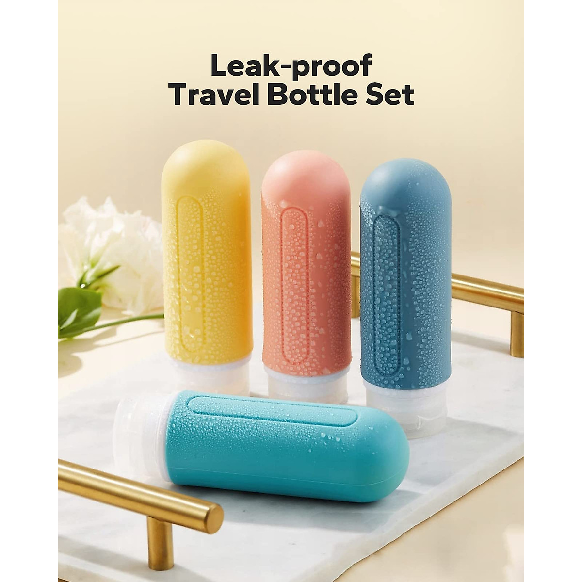 Birkie Silicone Toiletries Bottles (4 Count, 3oz Each), Refillable, Leak-Proof for Shampoo & Conditioner
