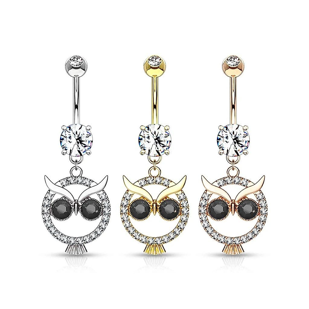 Amelia Fashion 14GA Crystal Paved Black Eyed Owl Dangle Belly Button/Navel Ring 316L Surgical Steel (Choose Color) (Rose Gold/Clear)