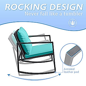 Greesum 3 Pieces Rocking Wicker Bistro Set, Patio Outdoor Furniture Conversation Sets with Porch Chairs and Glass Coffee Table, Blue