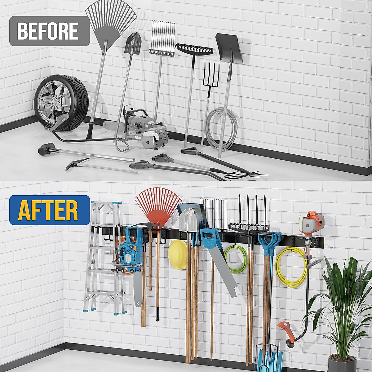 Volitaous 64Inch Garden Tool Organizer for Garage, Heavy Duty Garage Storage Rack, Adjustable 12PC Wall Hook for Yard Tool Organizer, Garden Tool Rack Max 400Lbs