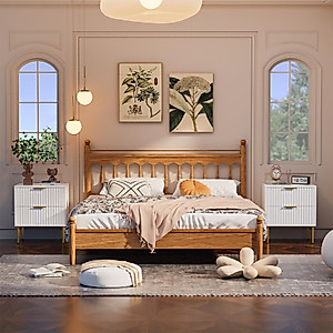 HQZX White Nightstand Set of 2 with Charging Station, Fluted Nightstand with Drawers, Modern Bedside Table with Gold Legs, End Table for Bedroom