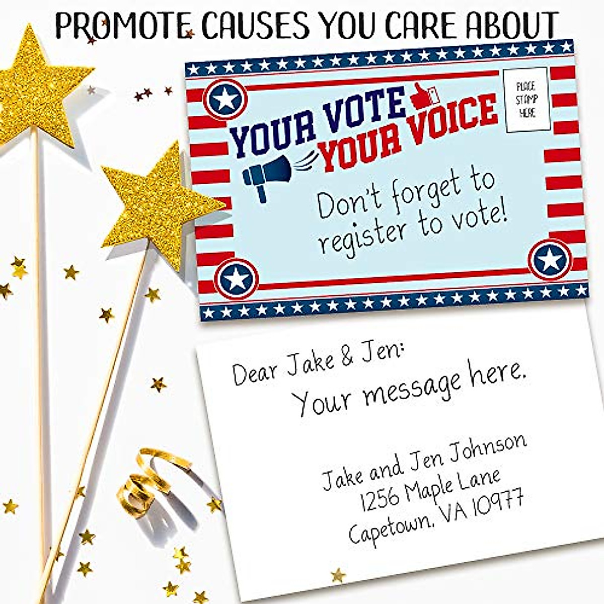 Vote Postcards Bulk - Your Vote Your Voice - Set of 100 4x6 Standard Size - American Flag Patriotism Print, Great Election Supplies, Fun and Eye-Catching Design Postcards for Family and Friends