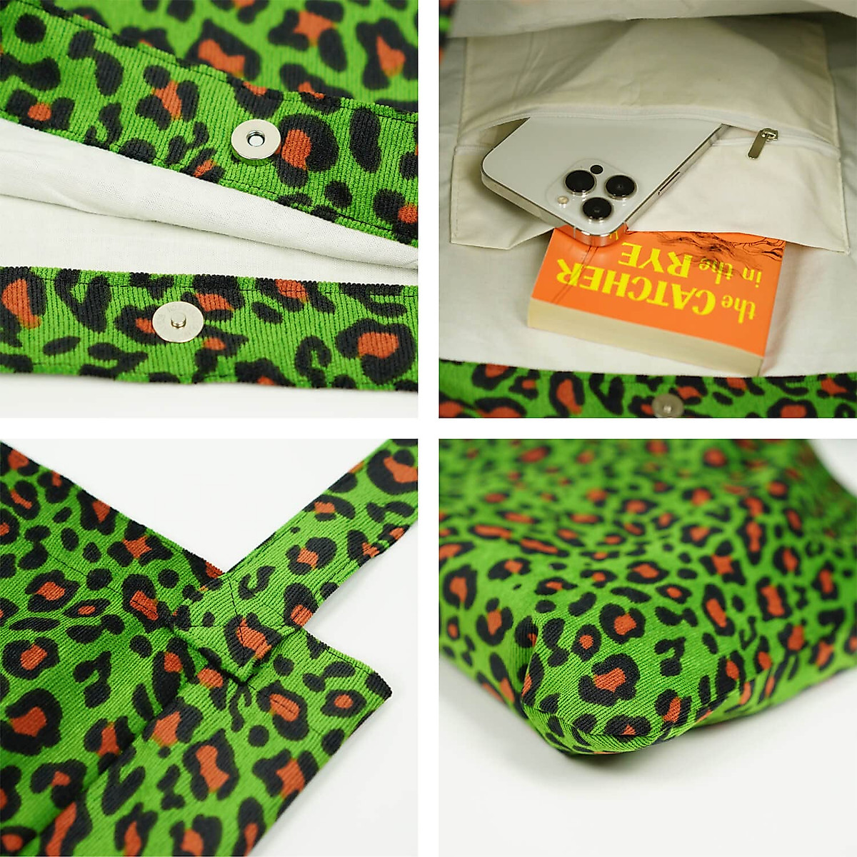 ZAIIVE Leopard Pattern Corduroy Tote Bag, Retro Green Leopard Print Crossbody Corduroy Shoudler Bag For Women Travel Shopping With Magnetic Snap