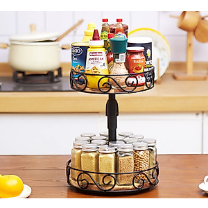 Y&M 2 Tier Lazy Susan, 9” & 10” Acacia Wood Lazy Susan Turntable Organizer, Height Adjustable Spice Rack with Steel Sides, Spice Jars Organization for Cabinet, Pantry, Kitchen, Bathroom, Countertop