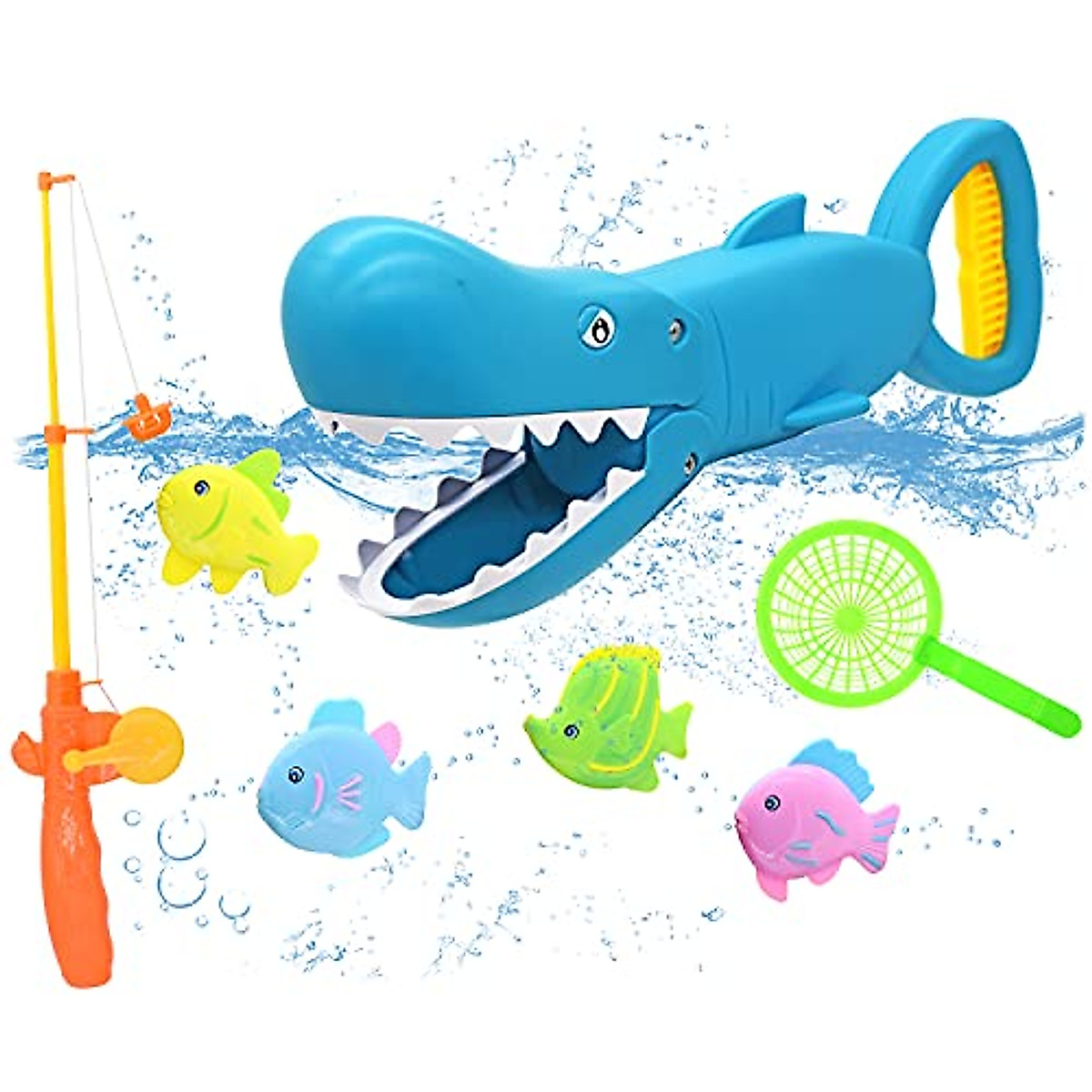 Bath Toys , Shark Grabber Bathub Baby Toy Magnetic Fishing Games Playing Set , Floating Fish Toys in Bathtub Bathroom Pool for Babies Toddlers and Kids Age 3+ (Blue)