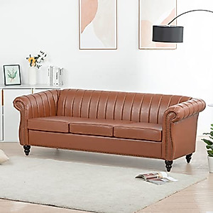 NewCosmos 83.46" Brown PU Rolled Arm Chesterfield Three Seater Sofa.