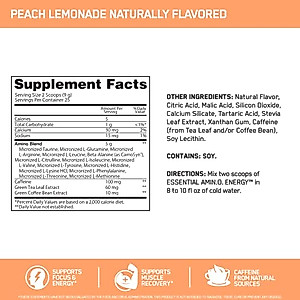Optimum Nutrition Amino Energy Naturally Flavored Powder, Pre Workout, BCAAs, Amino Acids, Keto Friendly, Green Tea Extract, Energy Powder - Peach Lemonade, 25 Servings