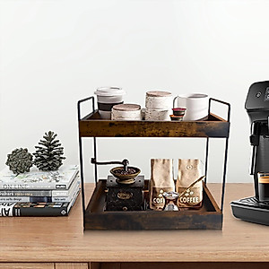 mahueeol 2 Tier Bathroom Counter Organizer Wood Bathroom Storage Shelf Spice Rack for Kitchen Countertop Vanity Tray Makeup Storage Coffee Station Organizer-Rustic Brown