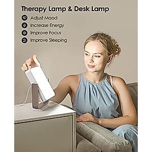 ALBINA Full Spectrum Sunlight Lamp UV-Free 10,000 Lux Sunlight Lamp with 5 Adjustable Brightness 4 Timer Function, Detachable Stand Wooden Frame, Sun Lamp for Home/Office (White/Walnut)