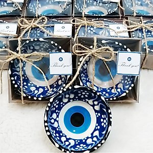 HAPPY PARTY FAVORS 12 PCS Wedding Favors for Guests Bulk, Bridal Shower Guest Favors, Baby Shower Party Favors, Evil Eye Ceramic Bowls with Jute Rope, Thank You Tag and Decorative Bowls (12)