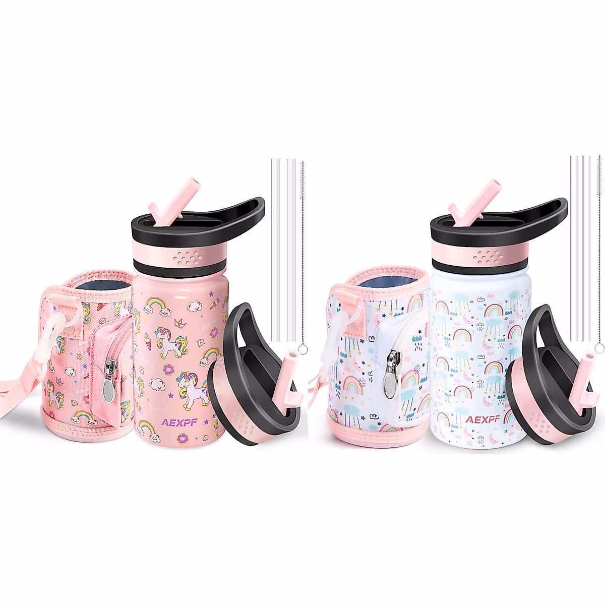 AEXPF Insulated Kids Water Bottle with Sleeve, 14 oz Double Wall Vacuum Stainless Steel Leakproof Thermos Water Bottle, Unicorn Pattern and Rainbow Pattern