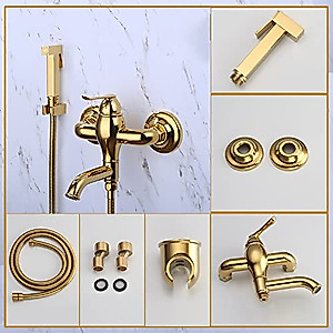 MINJING Bidet Sprayer Kit for Toilet Gold Hand Held Sprayer Toilet Attachment 360 Rotation Double Handle Bidet Attachment Faucet Sprayer Kit for Toilet,B