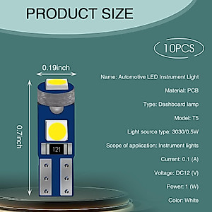 Ajxn 10 PCS Car LED Instrument Light, T5 3030 3SMD Wedge Bulb Instrument Cluster Indicator Light, 74 37 27 17 2721 Bulb Soft Beam Canbus Error-free, Universal for Most Cars Accessories (White)