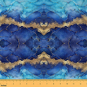 Blue Gold Upholstery Fabric, Marble Abstract Art Fabric by The Yard, Marble Texture Decorative Fabric for Upholstery and Home Accents, Blue Ombre Watercolor Quicksand Outdoor Fabric, 1 Yard