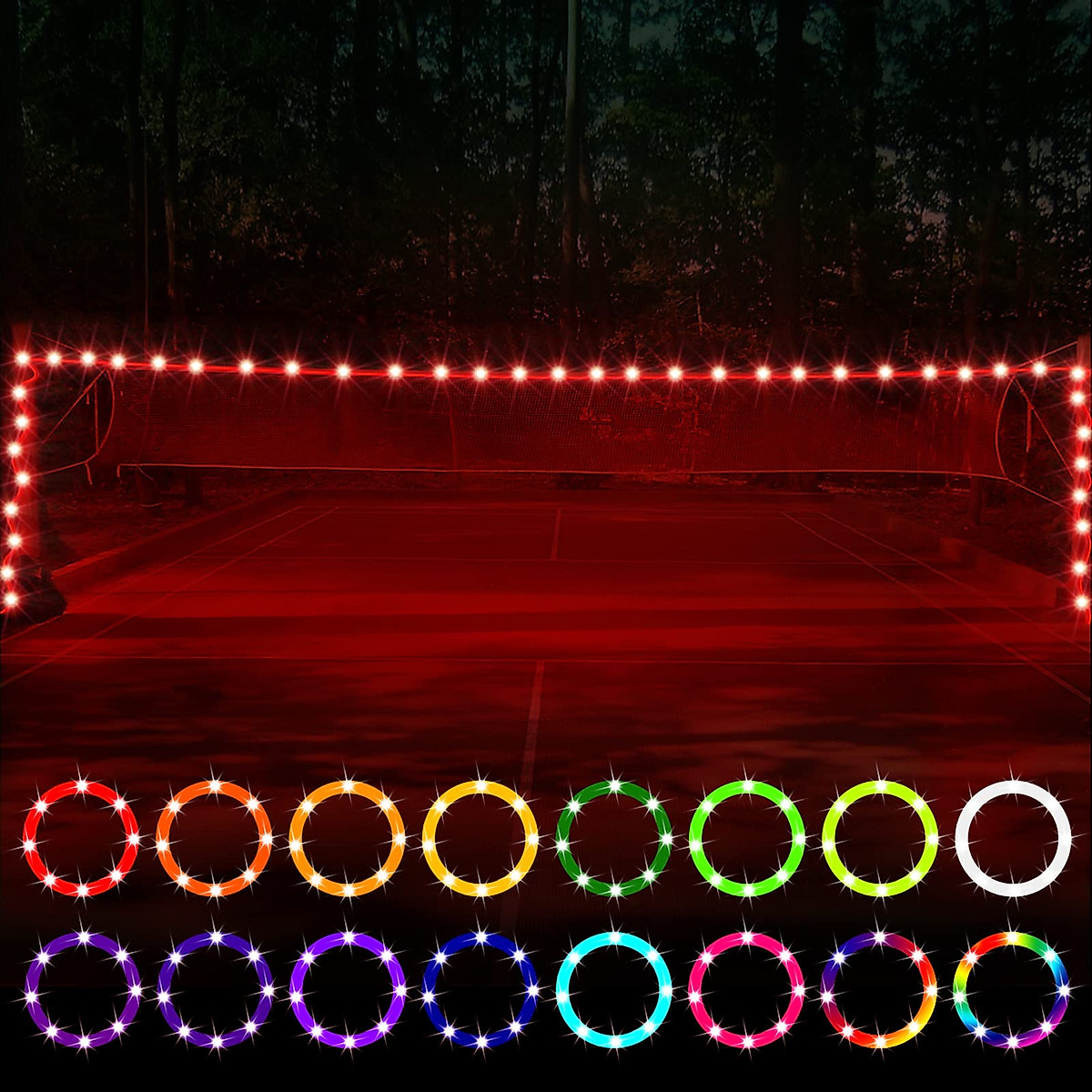 Eliteemo LED Badminton Pickleball Net Light, 17Ft Remote Control LED Rim Lights, 16 Color Change, A Good Addition for Playing Junior Tennis, Kids Volleyball, and Backyard Games(Net not Included)
