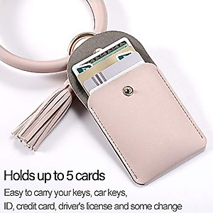 Adorve Key Ring Bracelets Card Holder PU Leather Tassel Round Key Chain Wristlet Bangle Keychain with Wallet for Women Girls, Pink