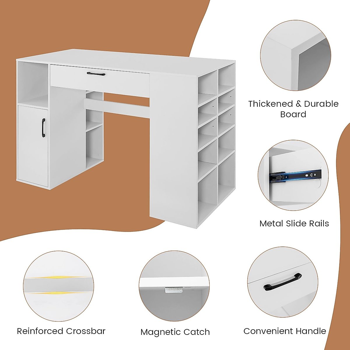 COSTWAY 36” Counter Height Sewing Table, 53 Inch Artwork Craft Table with 14 Open Compartments, 3-Position Adjustable Shelf, 1 Drawer & Cabinet, Project Center Desk Drafting Sewing Workstation, White