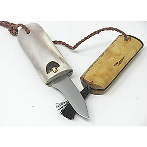 Outdoor Merchants, Made in Finland Kellam Knives Mushroom Pocket Fixed Blade Knife Mushroom Forage Tool Reindeer Antler and Curly Birch, Wood