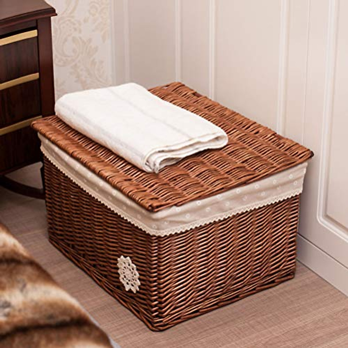 GARNECK Clothing Drawer Wicker Storage Basket with Lid Laundry Organizer Square Storage Bins Woven Box Seagrass Basket for Bedroom Living Room Woven Baskets