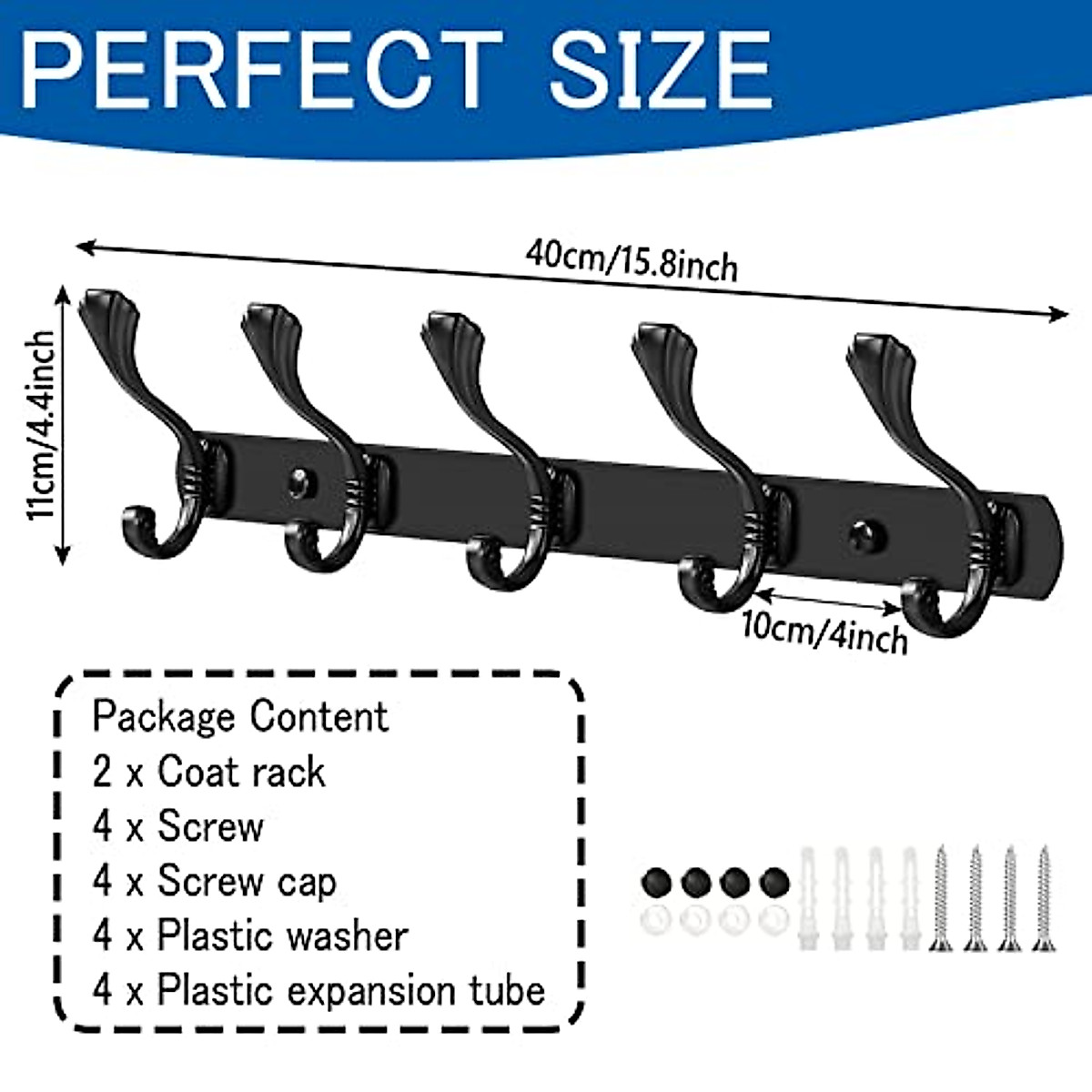 MOKANI Coat Rack Wall Mounted 2 Pack, Stainless Steel Wall Coat Hooks, Heavy Duty Metal Hook Rack Rail for Hanging Clothes Towel Coat Hat Key Robes Entryway Bathroom Kitchen (5 Hooks,Black)