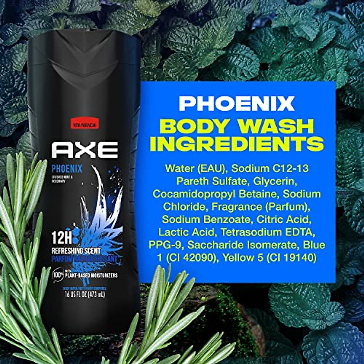 AXE Body Wash Phoenix 12h Refreshing Scent Crushed Mint & Rosemary 4 count Men's Body Wash with 100% Plant-Based Moisturizers 16 oz