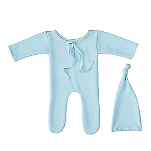 Fashion Newborn Boys Girls Baby Photo Shoot Props Outfits Crochet Clothes Long Tail Hat Pants Photography Props (Blue)