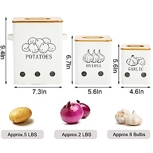 WUWEOT 3 Pack Vegetable Storage Tins, Metal Onion Garlic Potato Jars Set, Kitchen Canisters Vegetable Keeper Containers with Aerating Holes and Wooden Lid